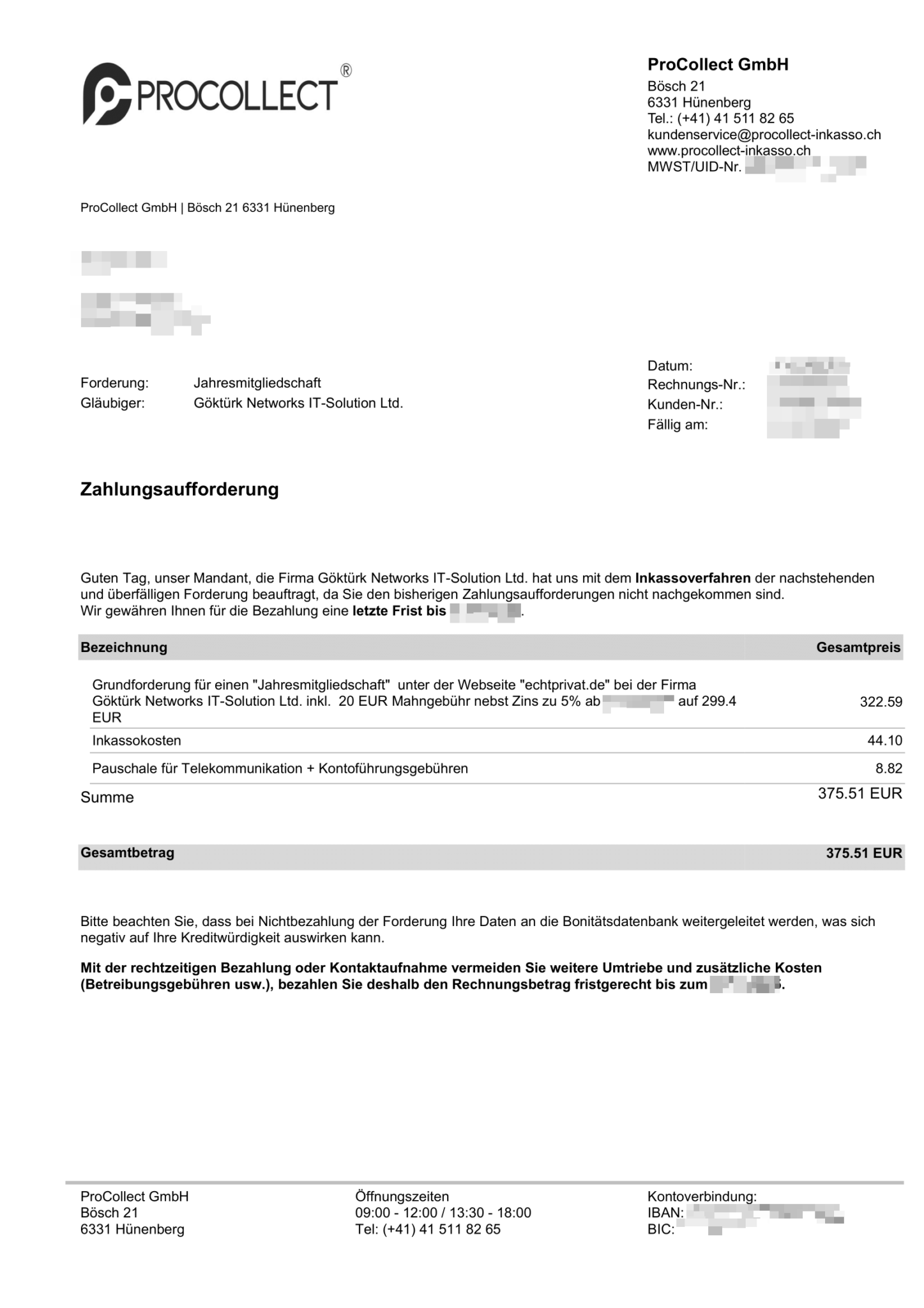 ProCollect GmbH - Zahlungsaufforderung